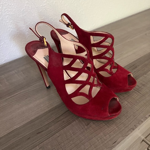 Prada | Shoes | Prada Burgundy Red Suede Caged Sling Back Platform Peep ...